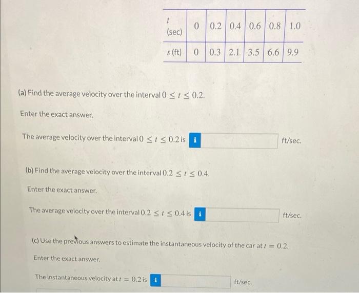 Solved 0 0.2 0.4 0.6 0.8 1.0 (sec) s (ft) 0 0.3 2.1 3.5 6.6 | Chegg.com