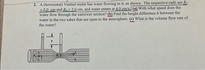 Solved 2. A (horizontal) Venturi meter has water flowing in | Chegg.com