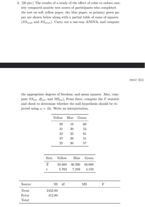 Solved 3. [20 pts.] The results of a study of the effect of | Chegg.com