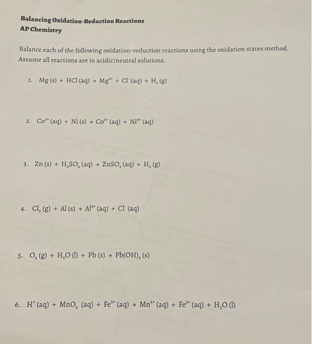Solved Balancing Oxidation-Reduction Reactions AP Chemistry | Chegg.com