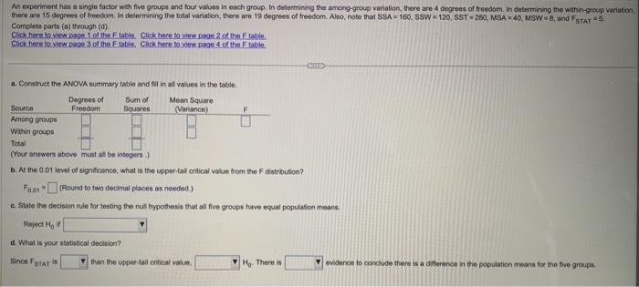 Solved An experiment has a single factor with five groups | Chegg.com