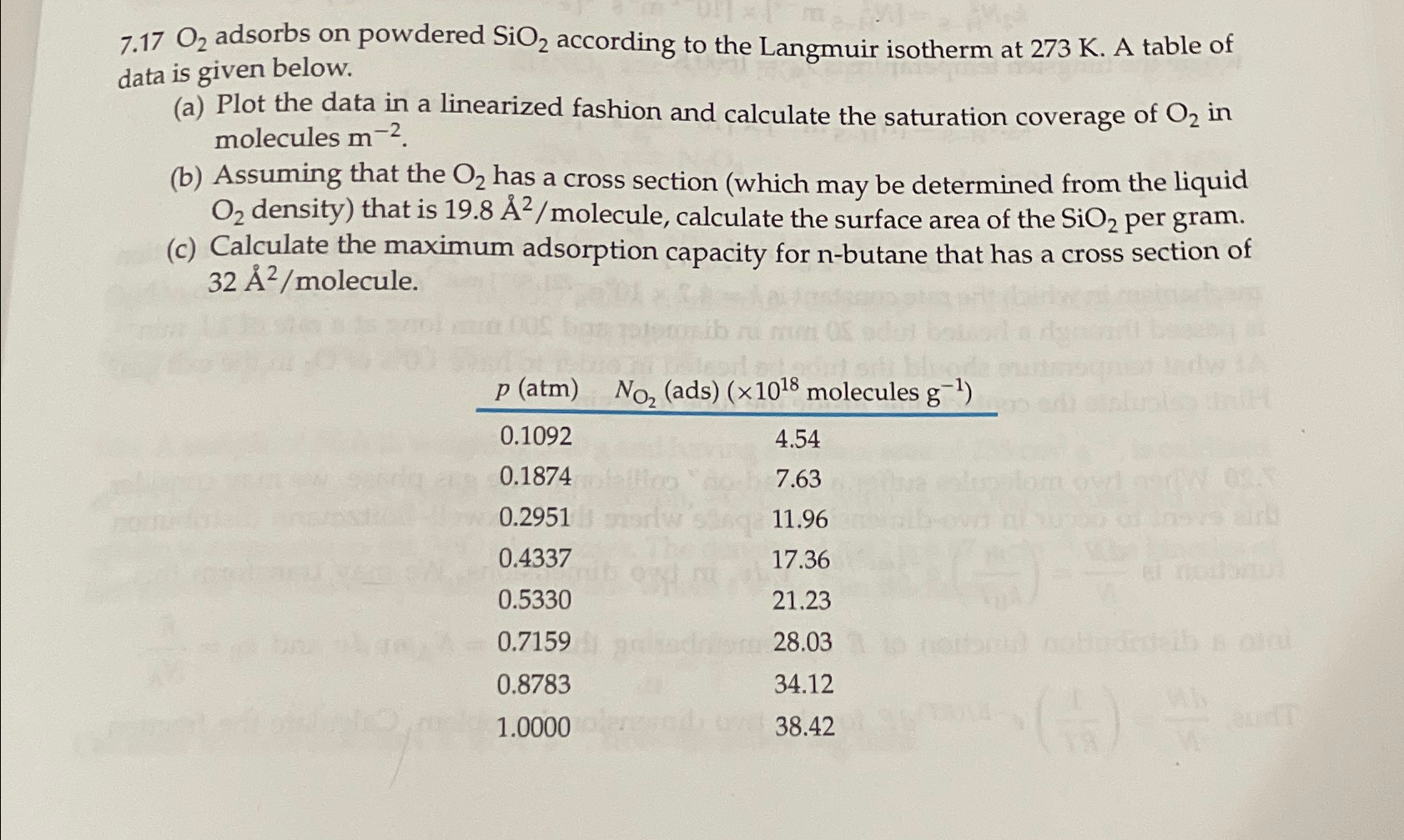 Solved 7.17 O2 ﻿adsorbs on powdered SiO2 ﻿according to the | Chegg.com