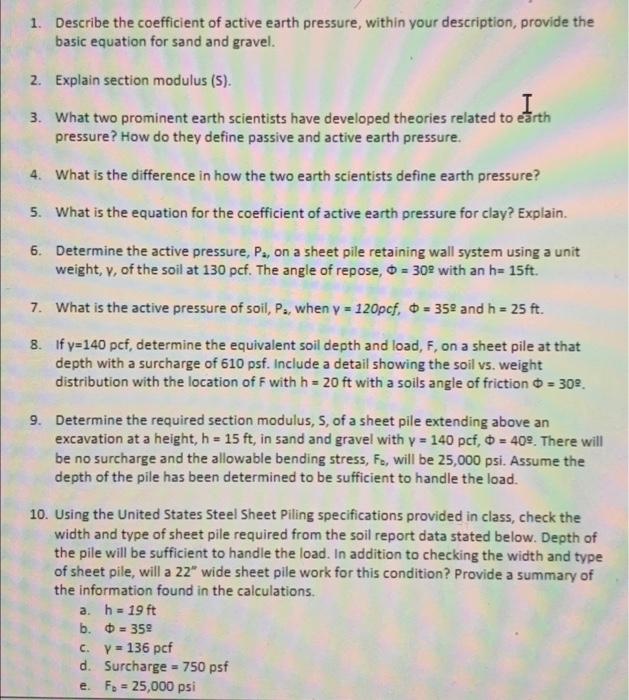 Solved 1. Describe the coefficient of active earth pressure, | Chegg.com