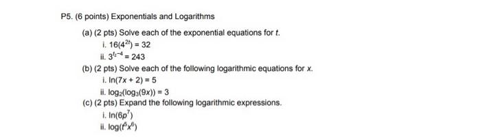 Solved 5. (6 points) Exponentials and Logarithms (a) (2 pts) | Chegg.com