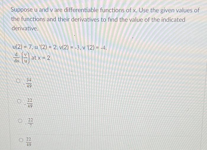 Solved Suppose u and v are differentiable functions of x. | Chegg.com