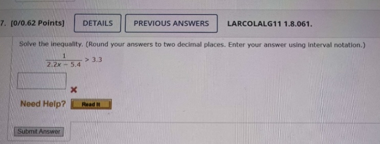 Solved [0/0.62 ﻿Points]LARCOLALG11 1.8.061.Solve the | Chegg.com