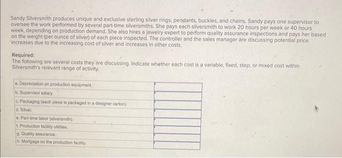 Solved Sandy Silversmith produces unique and exclusive | Chegg.com