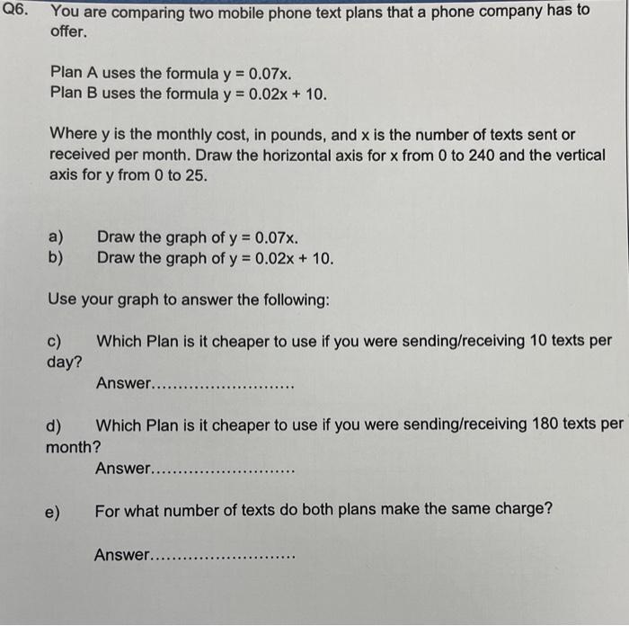 Solved You are comparing two mobile phone text plans that a | Chegg.com