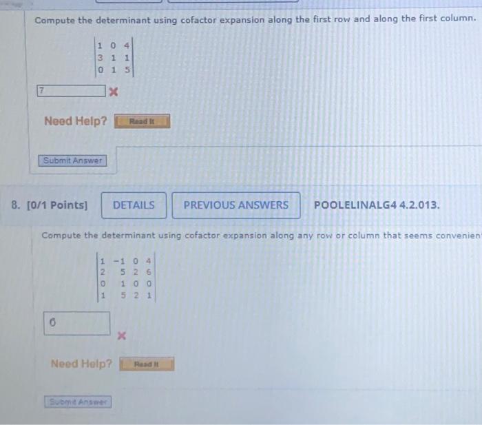 Solved Compute the determinant using cofactor expansion | Chegg.com