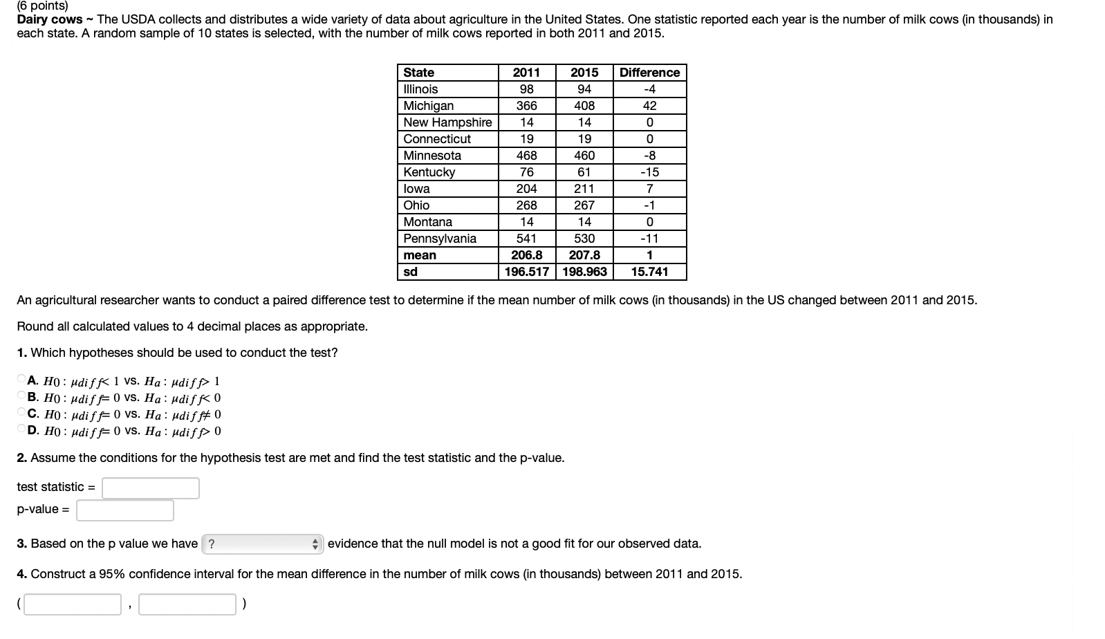 Solved (6 ﻿points)Dairy cows ∼ ﻿The USDA collects and | Chegg.com