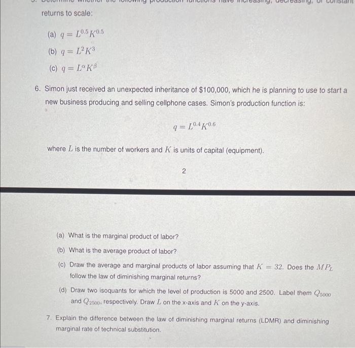 Solved 1. For each of the production functions below, | Chegg.com