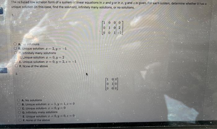 Solved The reduced row echelon form of a system of linear | Chegg.com