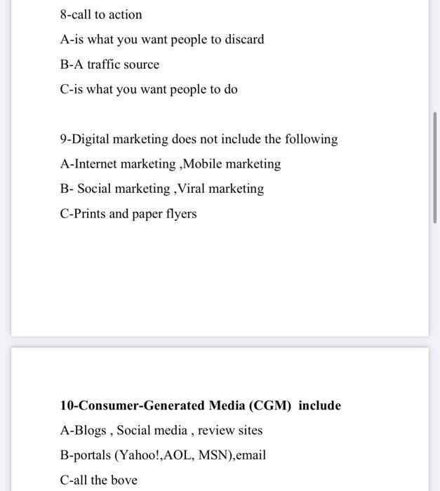 Solved 8-call to action A-is what you want people to discard | Chegg.com