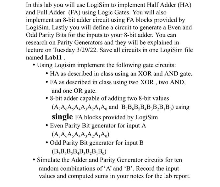 In this lab you will use LogiSim to implement Half | Chegg.com