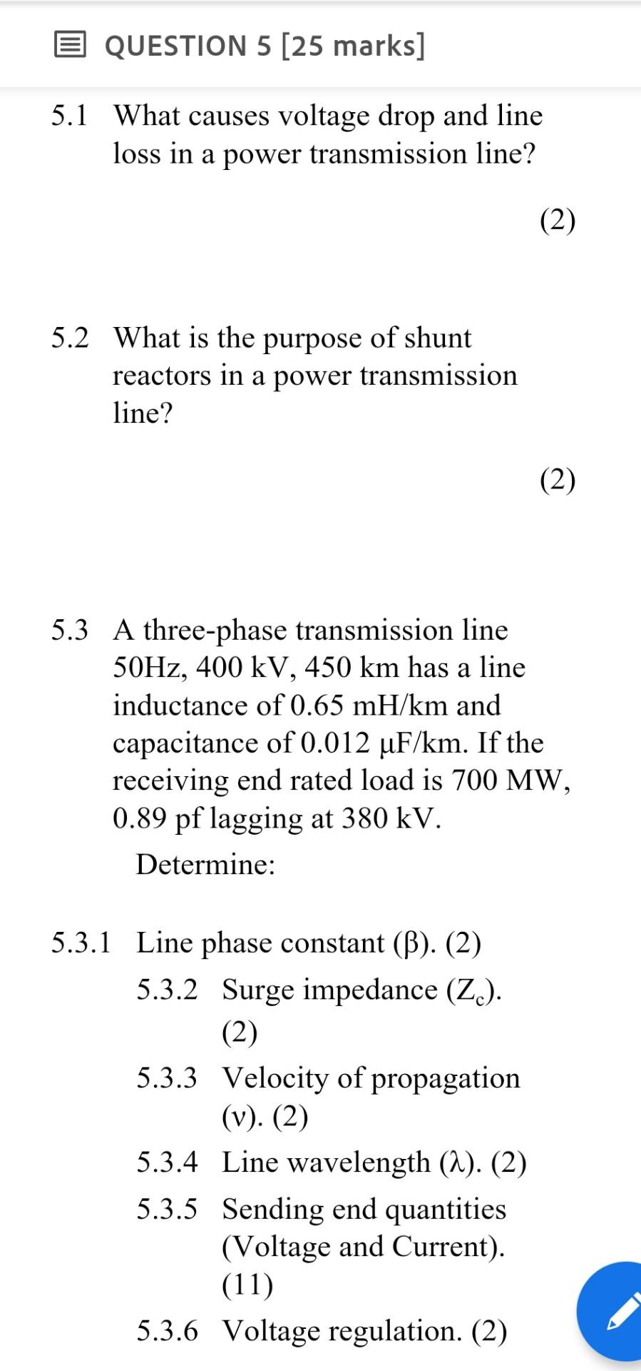 Solved 5.1 What causes voltage drop and line loss in a power | Chegg.com