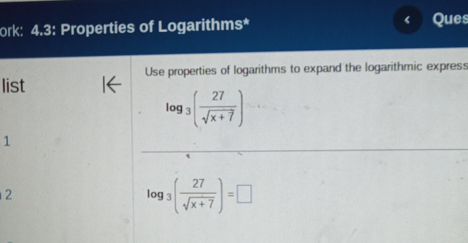 Solved Use properties of logarithms to expand the | Chegg.com