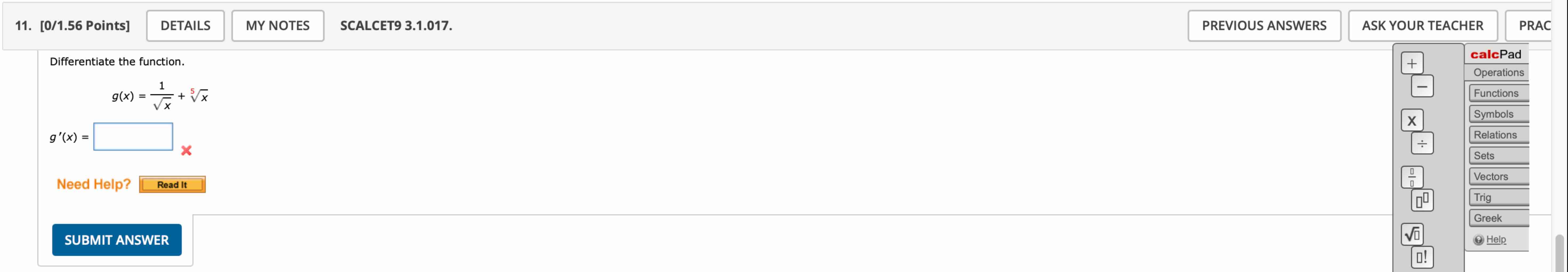 Solved [01.56 ﻿Points]SCALCET9 3.1.017.Differentiate the | Chegg.com