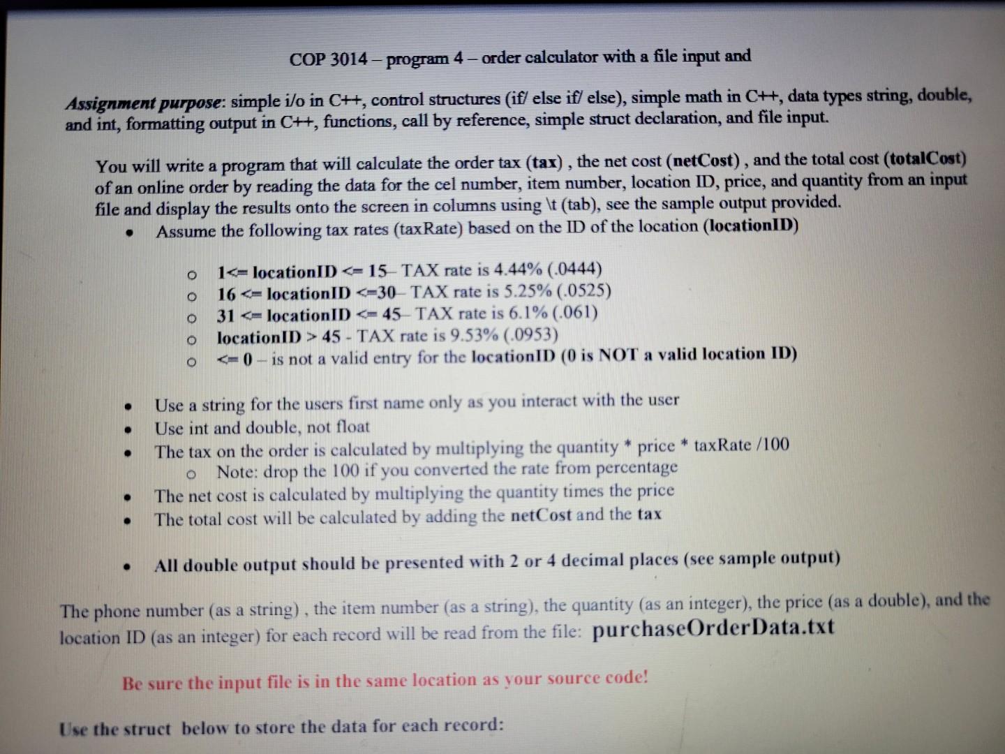 Solved COP 3014 - program 4-order calculator with a file | Chegg.com