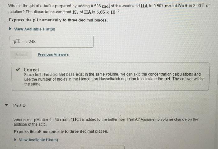 Solved What is the pH of a buffer prepared by adding 0.506 | Chegg.com