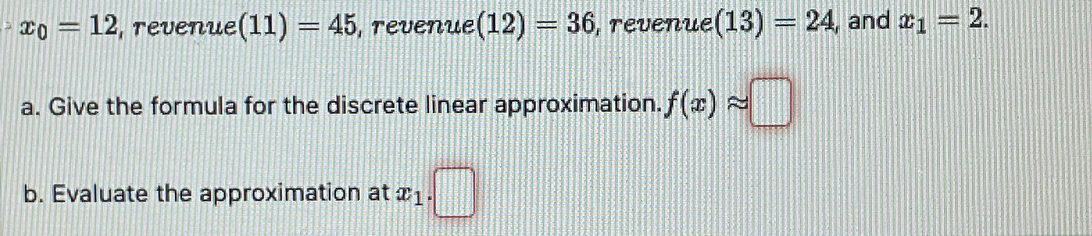 Solved x0=12, ﻿revenue (11)=45, ﻿revenue (12)=36, ﻿revenue | Chegg.com