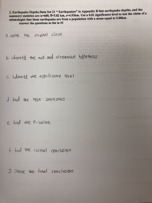 Solved 2. Earthquake Depths.Data Set 21 Earthquakes" in | Chegg.com