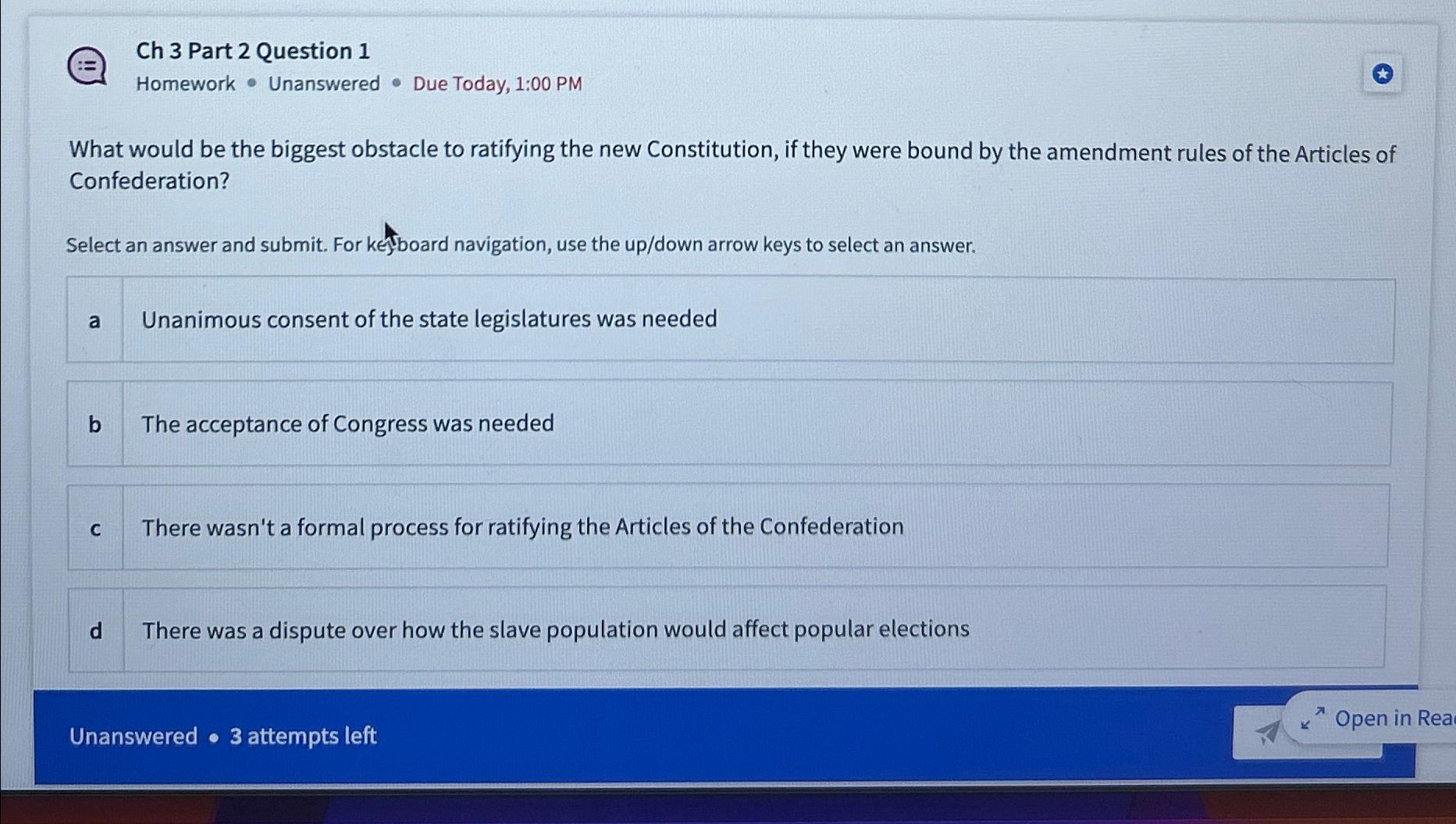 Solved Ch 3 ﻿Part 2 ﻿Question 1Homework * ﻿Unanswered * ﻿Due | Chegg.com