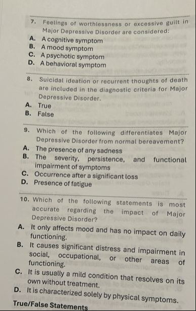 Feelings of worthlessness or excessive guilt in Major | Chegg.com