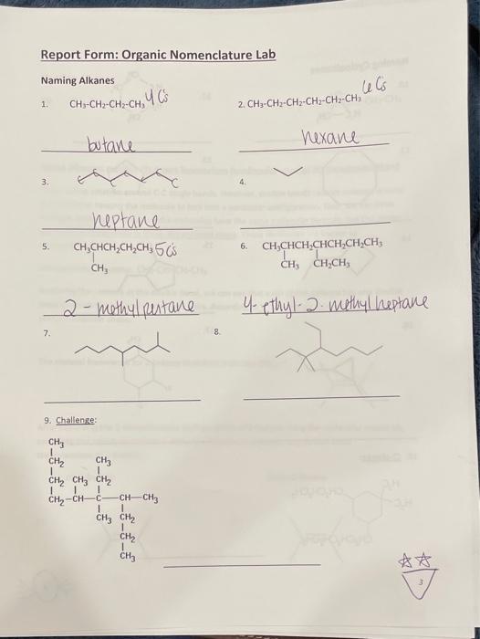 Solved Report Form: Organic Nomenclature Lab Naming Alkanes | Chegg.com