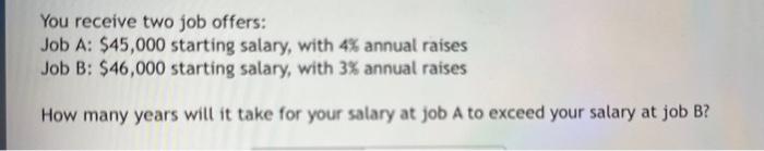 Solved You receive two job offers: Job A: $45,000 starting | Chegg.com