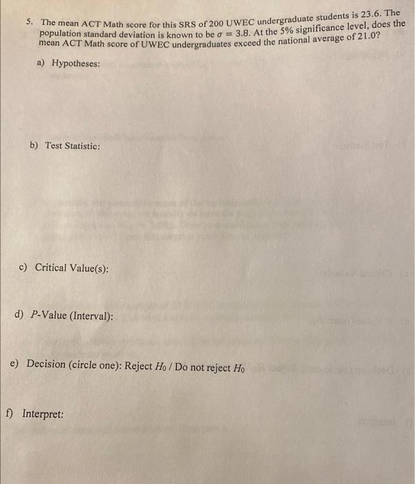Solved 5. The mean ACT Math score for this SRS of 200 UWEC | Chegg.com