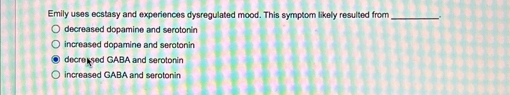 Solved Emily uses ecstasy and experiences dysregulated mood. | Chegg.com