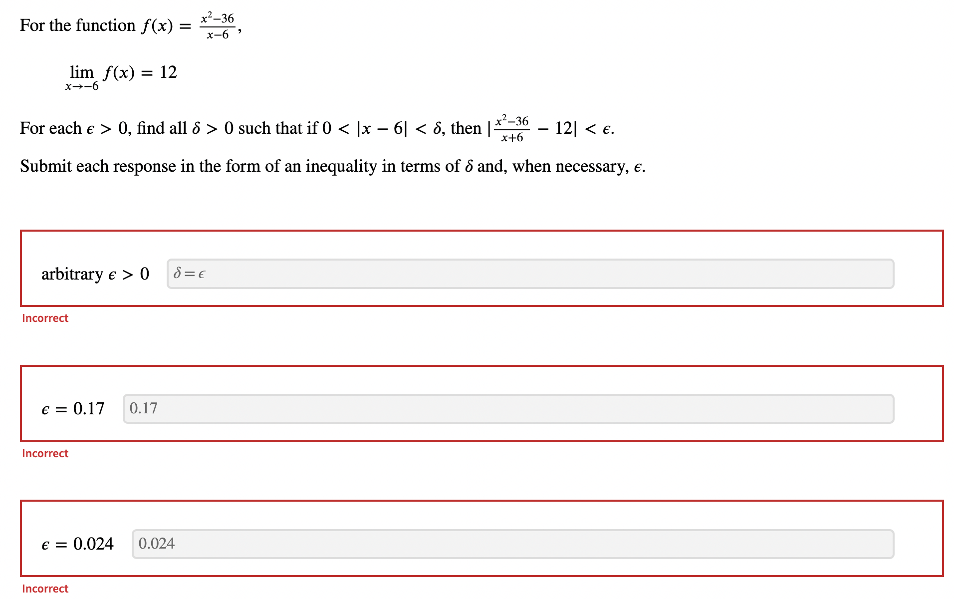 Solved For the function f(x)=x2-36x-6,limx→-6f(x)=12For each | Chegg.com