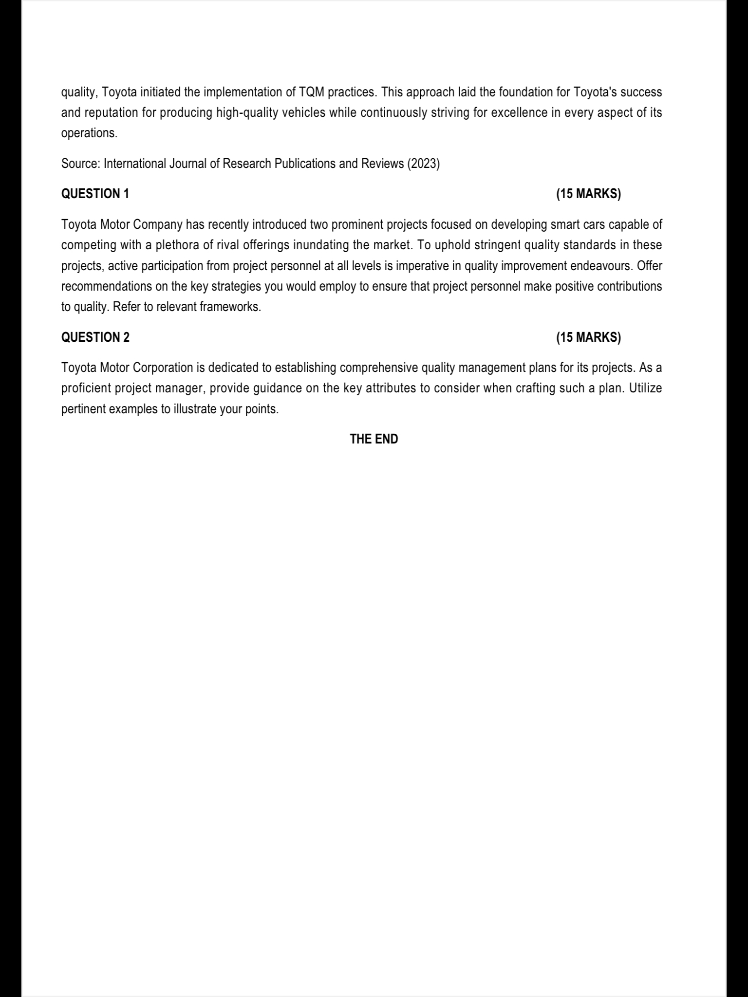 Solved quality, Toyota initiated the implementation of TQM | Chegg.com