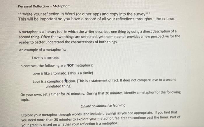 - Personal Reflection - Metaphor: ***Write your | Chegg.com