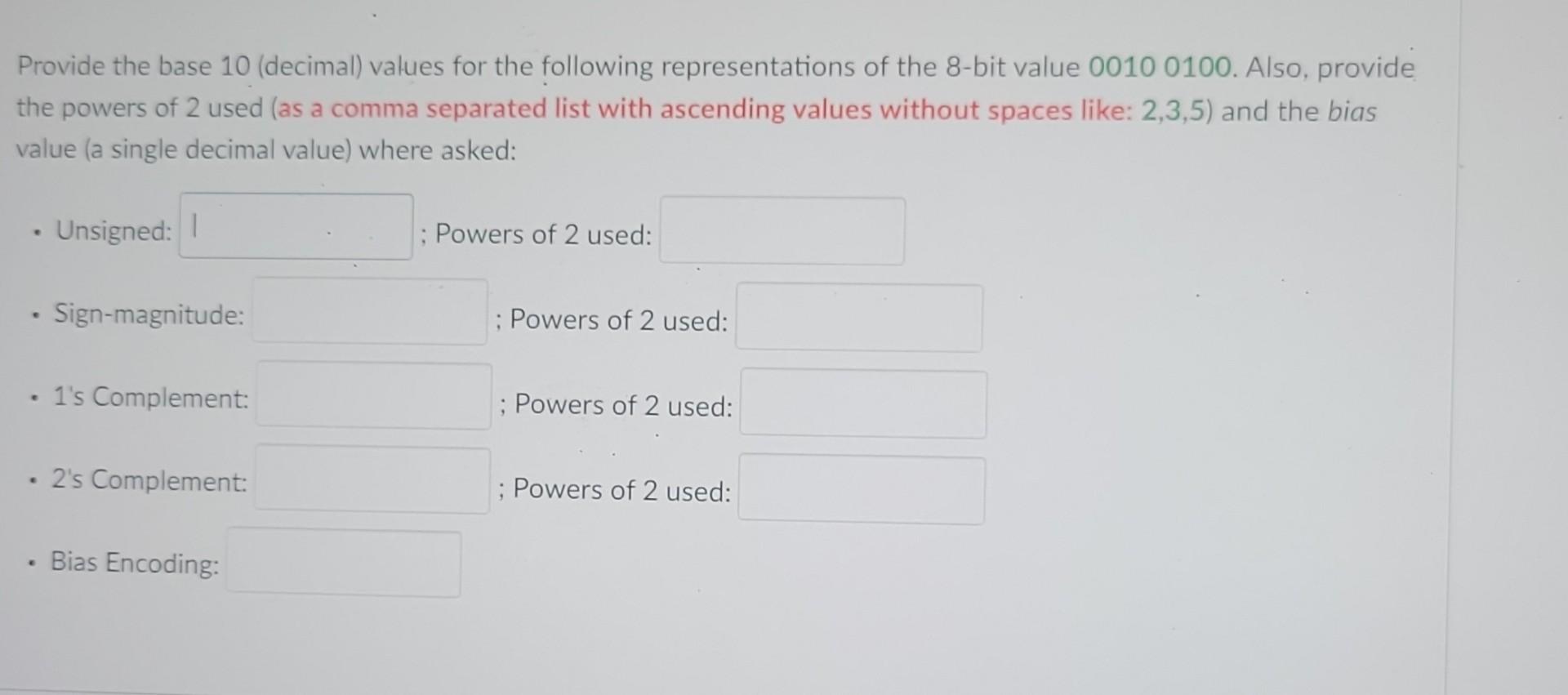 Solved Provide the base 10 (decimal) values for the | Chegg.com