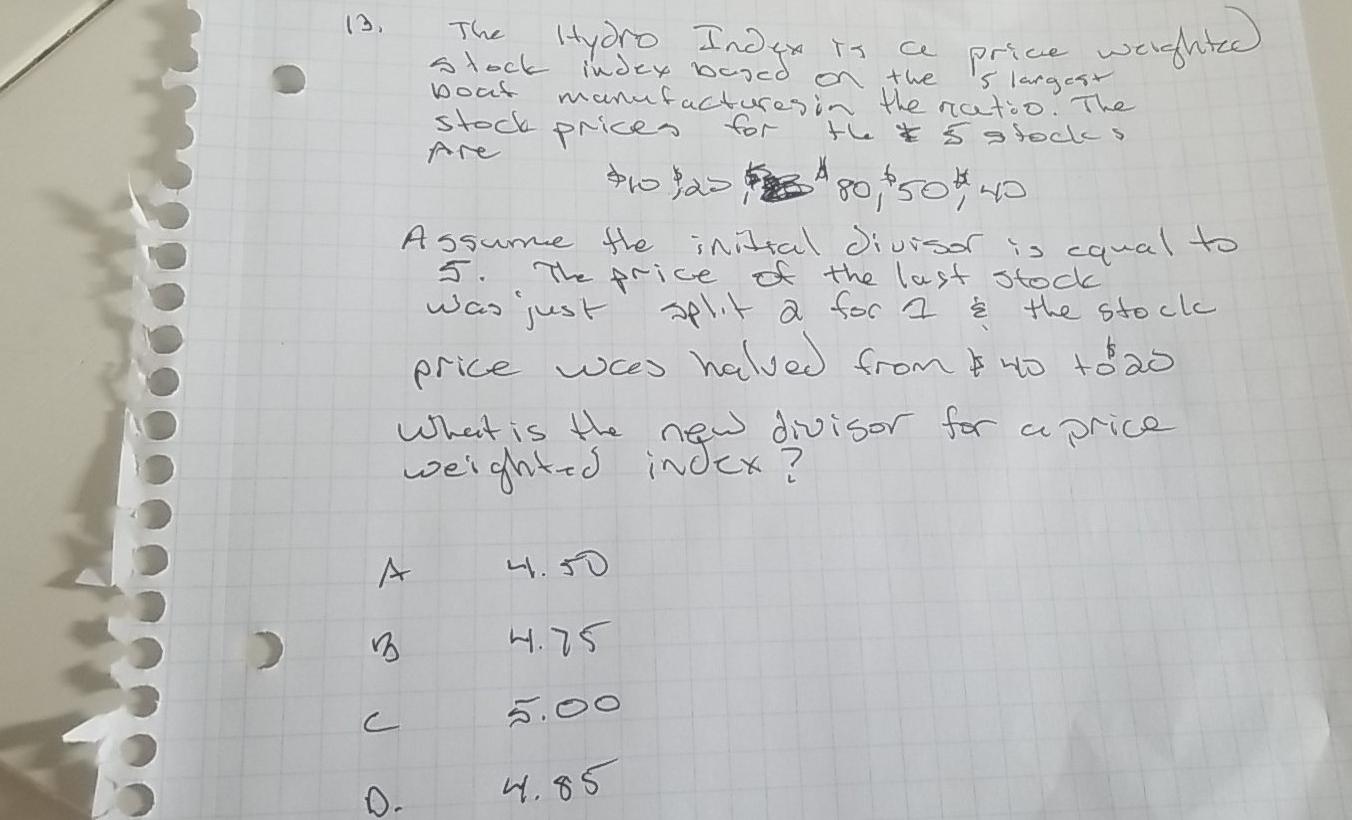 Solved 13 The Hydro Index is ce price weighted shock index | Chegg.com