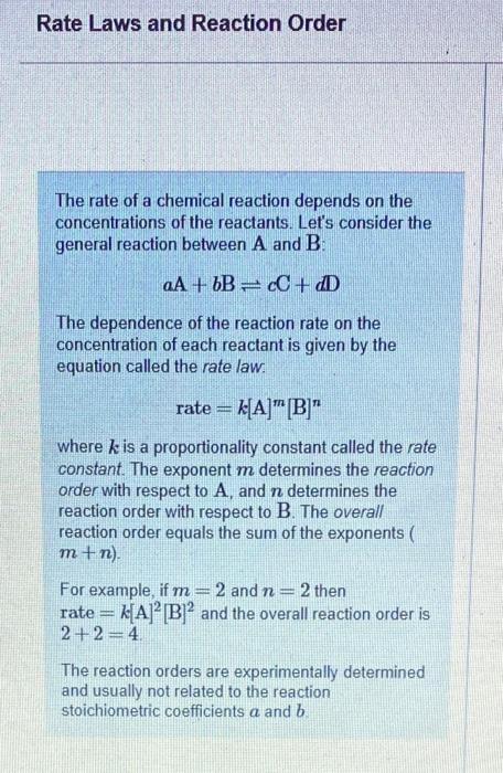 Solved Rate Laws and Reaction Order The rate of a chemical | Chegg.com