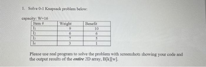 Solved 1. Solve 0-1 Knapsack problem below: capacitv: W=16 | Chegg.com