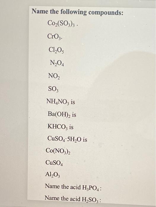 Solved Name the following compounds: Co2(SO3)3 Croz. Cl2O3 | Chegg.com