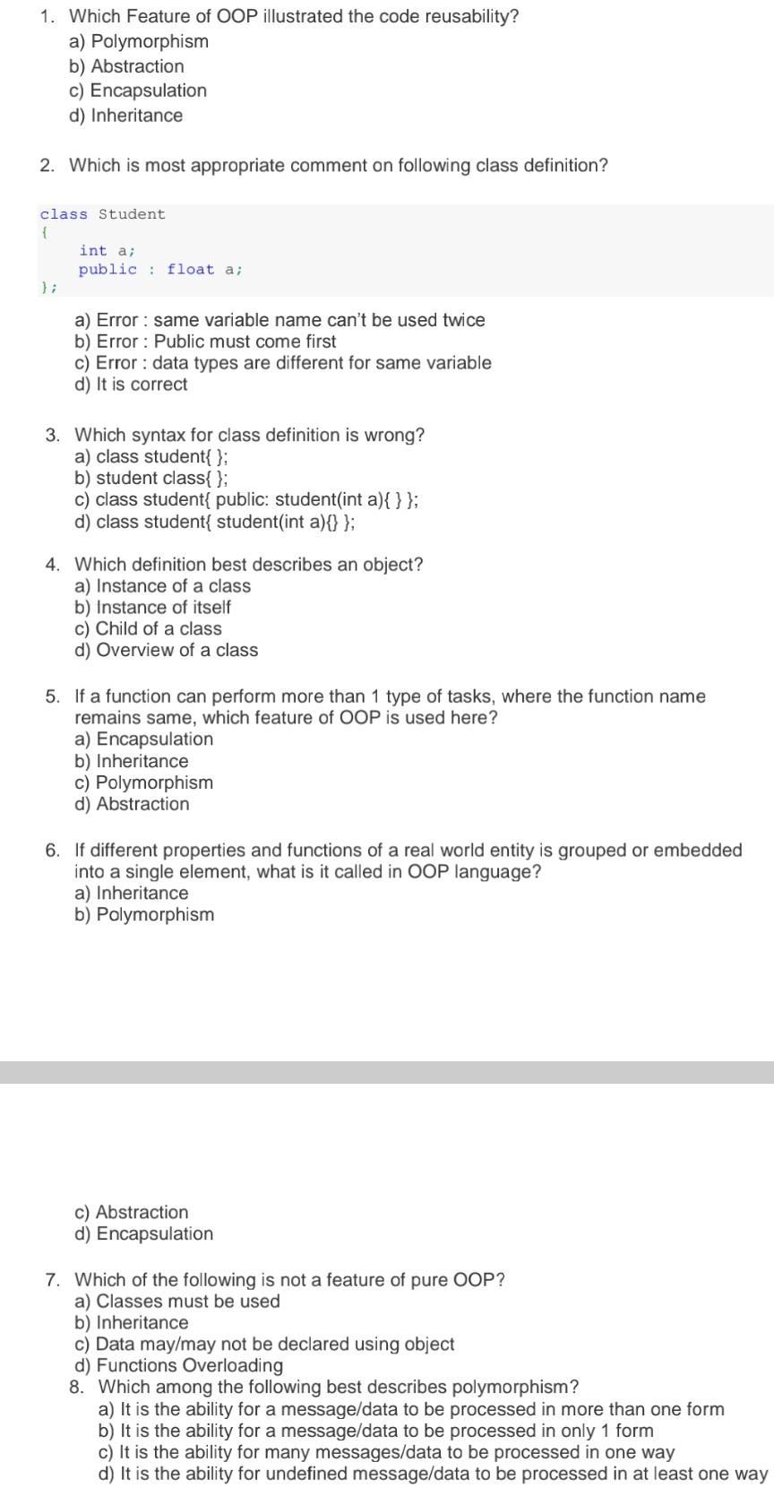 Solved 1. Which Feature of OOP illustrated the code | Chegg.com