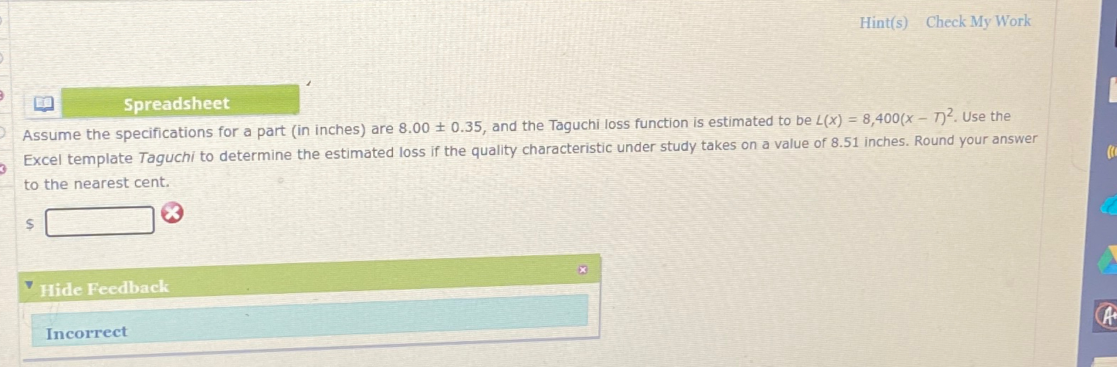 Solved Hint(s) ﻿Check My WorkSpreadsheetAssume the | Chegg.com