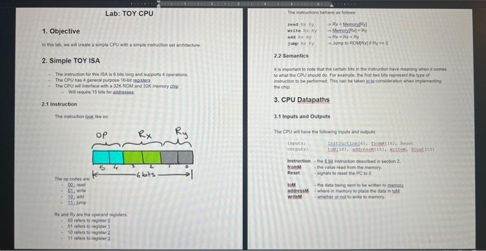 Solved 1. Objective 2. Simple TOY ISA 27 Semantics - The | Chegg.com