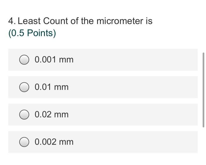 Solved 4. Least Count of the micrometer is (0.5 Points) | Chegg.com