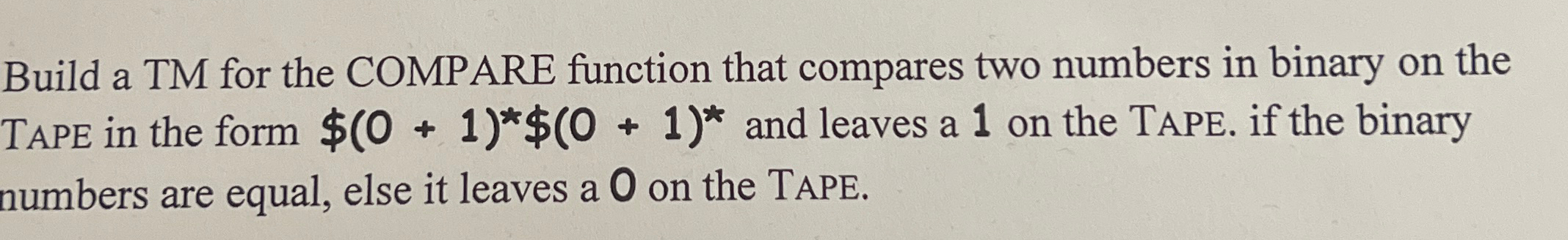Build a TM for the COMPARE function that compares two | Chegg.com