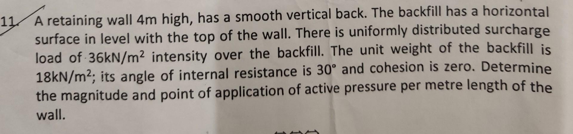 Solved A retaining wall 4 m high, has a smooth vertical | Chegg.com