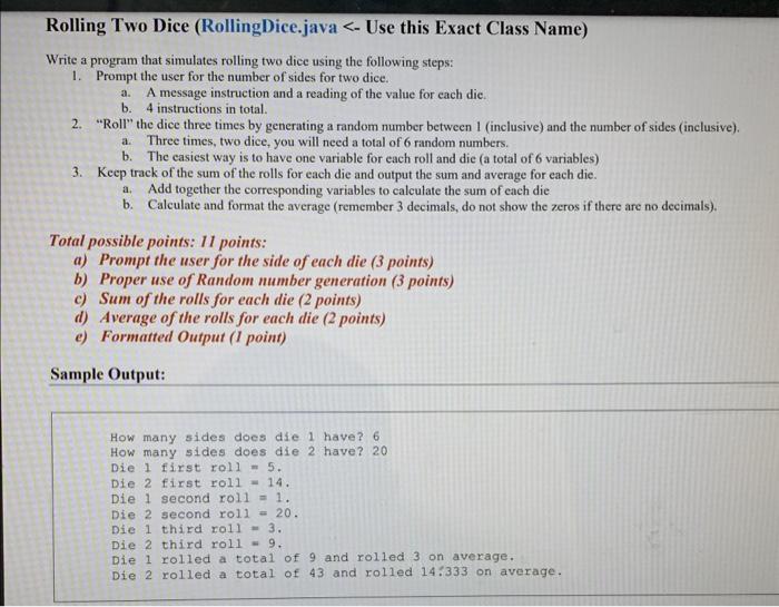 Solved Rolling Two Dice (RollingDice.java