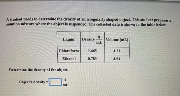 Solved A student needs to determine the density of an | Chegg.com