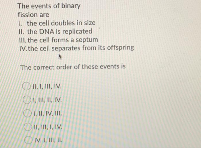 Solved The events of binary fission are 1. the cell doubles | Chegg.com
