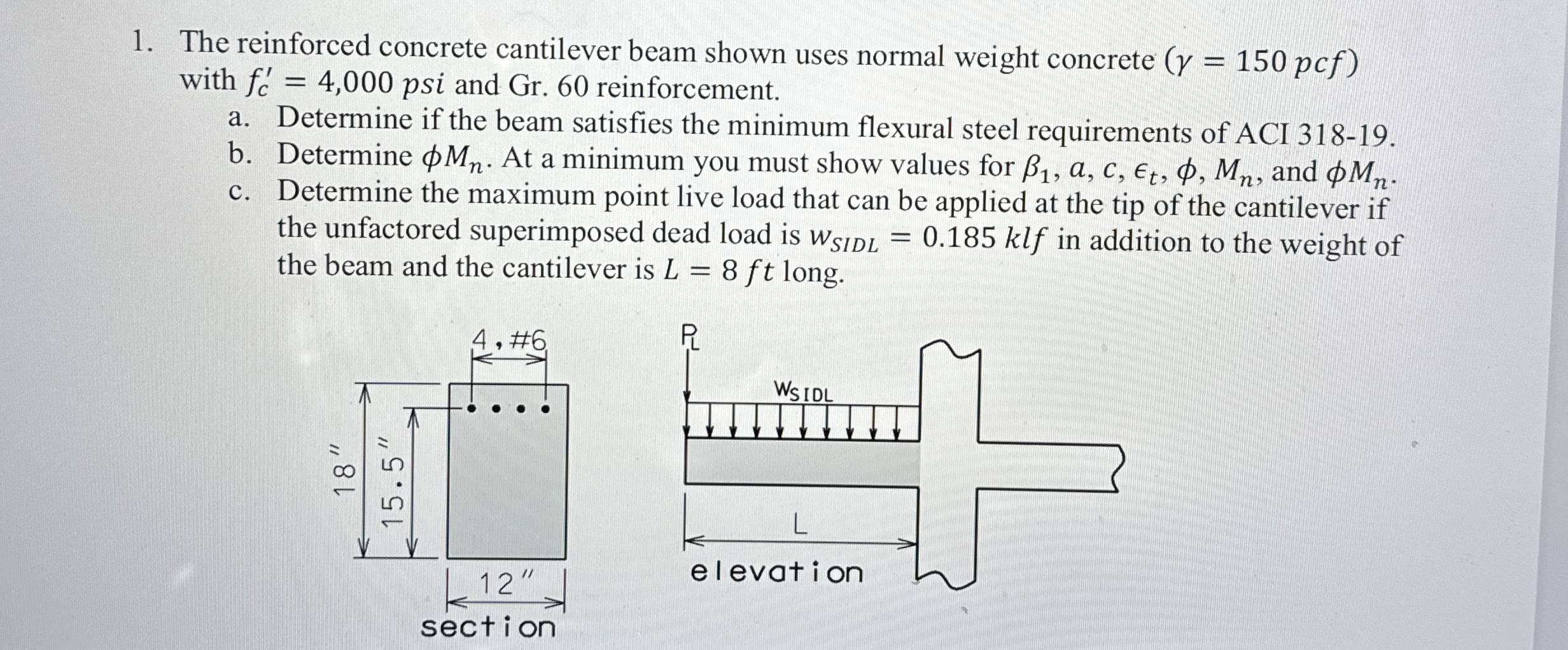 Solved The reinforced concrete cantilever beam shown uses | Chegg.com