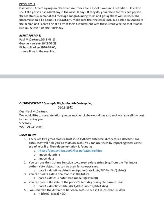 Solved Problem 1 Overview - Create a program that reads in | Chegg.com